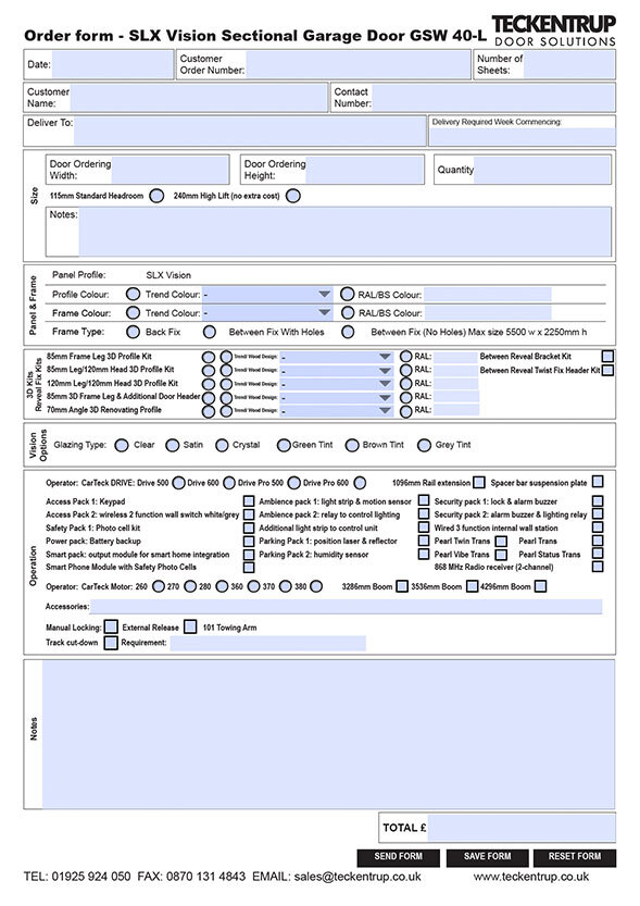 CarTeck SLX Vision Sectional Garage Door GSW 40-L (Order Form) | Teckentrup